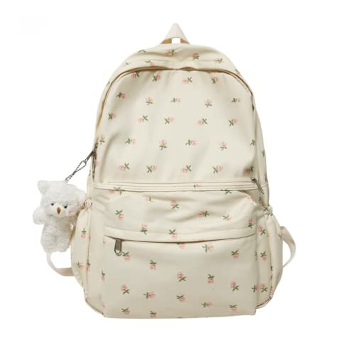 MININAI Cute Preppy Backpack with Pendant Floral Printed Patchwork Backpack Cottagecore Aesthetic Bag Kawaii Laptop Backpack (One Size,White)