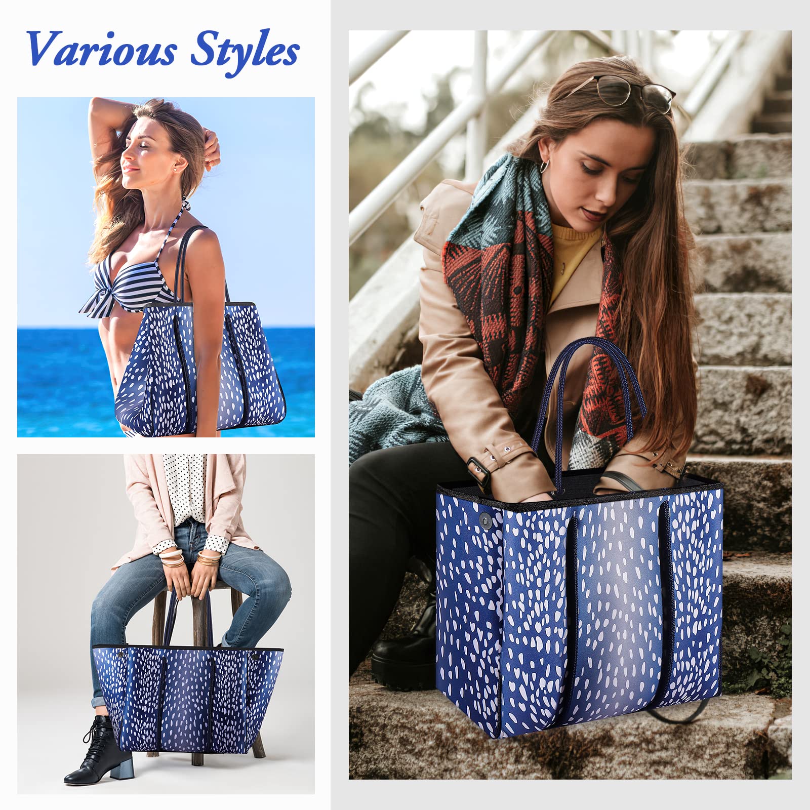 DSYD Neoprene Tote Bag Waterproof,Beach Bags Waterproof Sandproof with Zippers,Rubber Beach Bag acve Wallet,15 x 12 x 9 inch, #6 (198911)