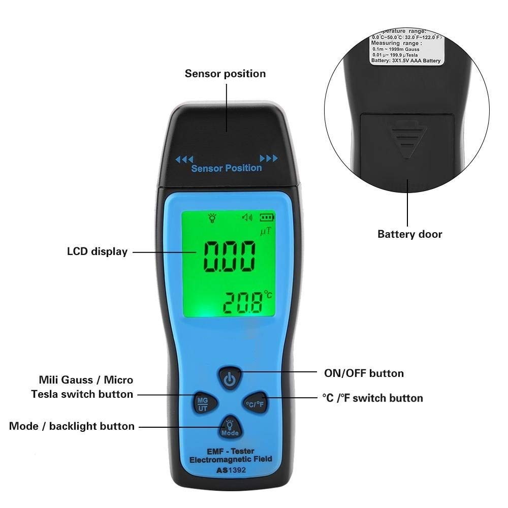 EMF Meter,Handheld Electromagnetic Field Tester, Radiation Meter, 0~2000mG/0~200μT, 0.1μT Resolution, 30Hz~300Hz, for Home Appliances, Power Lines and Industrial Equipments