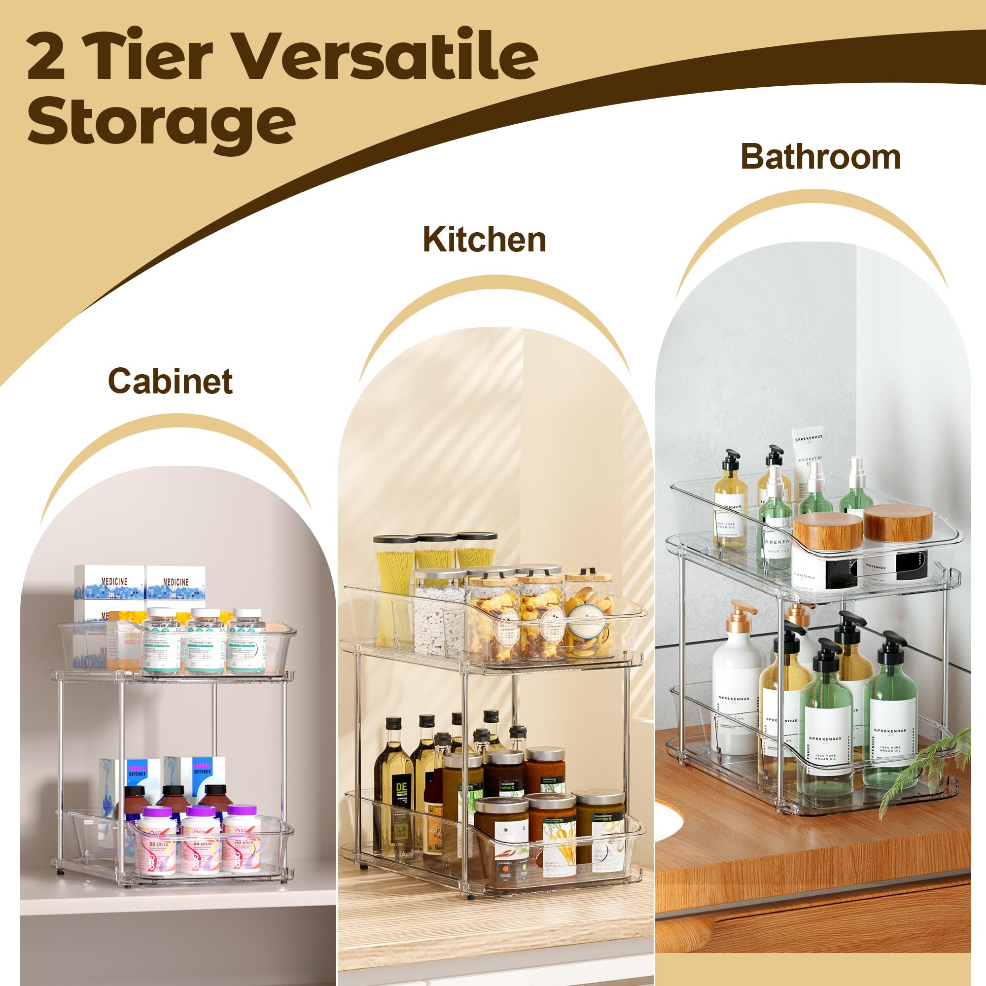 incostar 2 Tier Under Sink Organizer for Bathroom and Kitchen, Pull-Out Storage Organizer with Dividers, Ideal for Organizing Cupboard,Bathroom Vanities,Cabinet, Slide-Out Clear Storage, 2 Pack