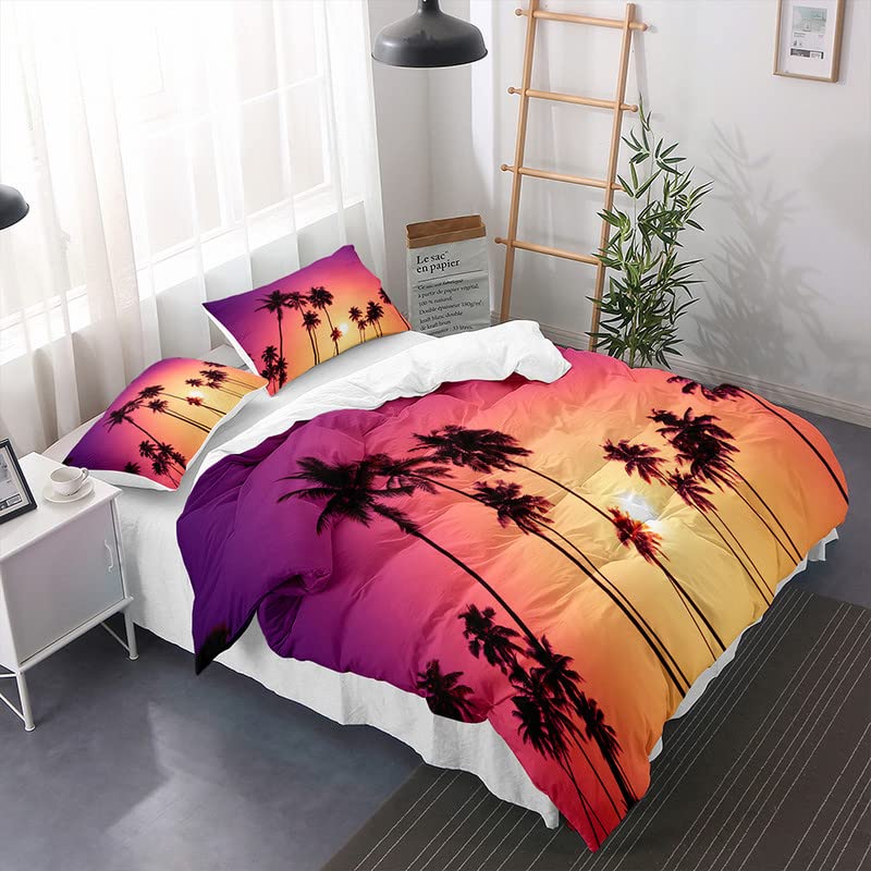 Jingzhang Ocean Duvet Cover Set 3Pcs Sunset Palm Trees Silhouette Bedding Sets with Zipper Dreamy Dusk Exotic Ocean Scenery Quilt Cover with 2 Pillow Shams,Queen Size