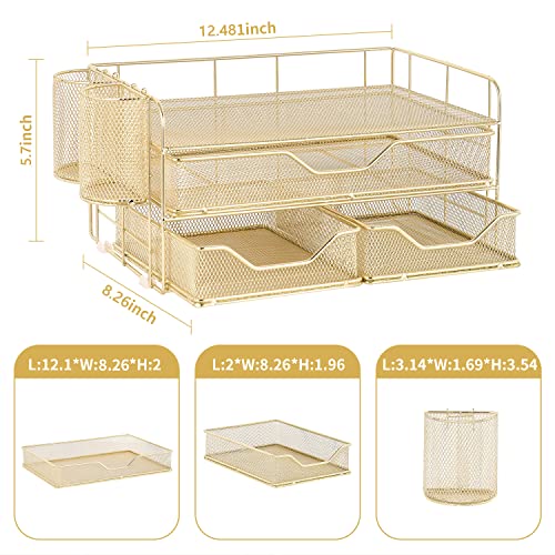 gianotter 3 Tier Desk Drawer Organizer, Office Desk Organizers and Accessories with 2 Pen Holder, Desk Accessories & Workspace Organizers for Home Office Supplies (Gold)