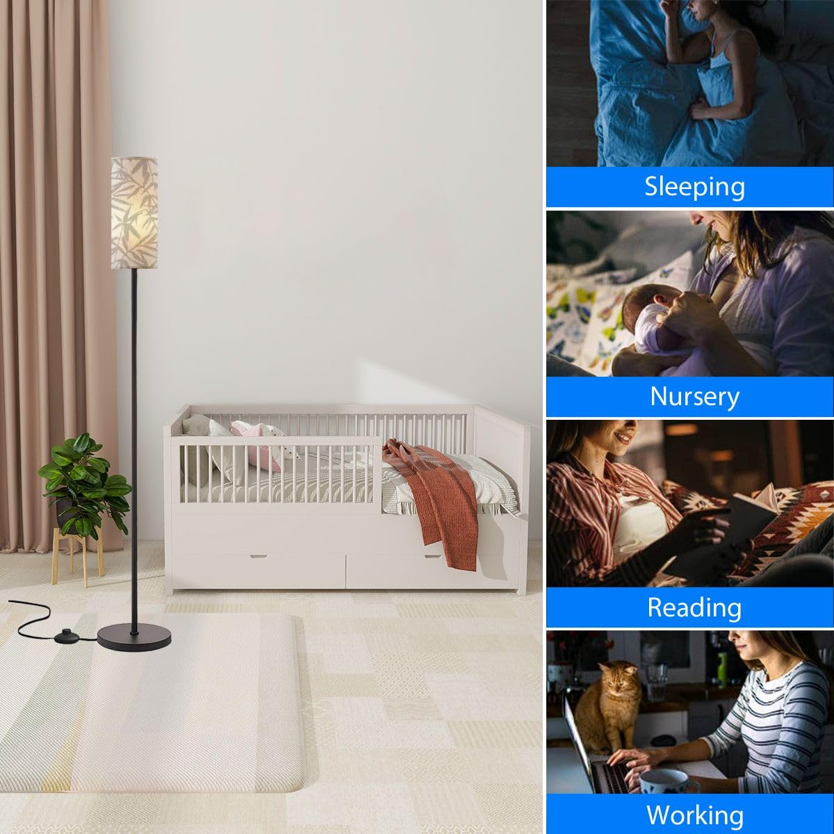 Boho Standing Lamps Bamboo tree silhouette pattern white japanese style black Minimalist Floor Lamp Metal Pole Lamp with Linen Lampshade for Bedroom Living Room Office Nursery Reading Foot Switch