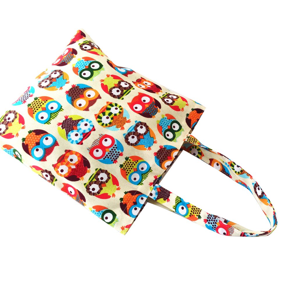 Nuni Women's Cute Owl Print Cotton Canvas Tote Bag, Colorful Owl/ Zip Closure, Medium