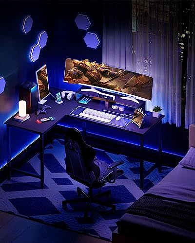 MINOSYS L Shaped Computer Desk - 58" Gaming Desk, Reversible Corner Desk, Home Office Writing Desk with Monitor Stand Shelf, Space-Saving Modern Simple Wooden Desk, Black