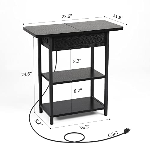 TILLMAO Narrow End Table with Charging Station, Side Table with Storage for Small Spaces, Flip Top Nightstand/Bedside Table/Sofa Couch Table/Slim End Table for Living Room Bedroom Office…