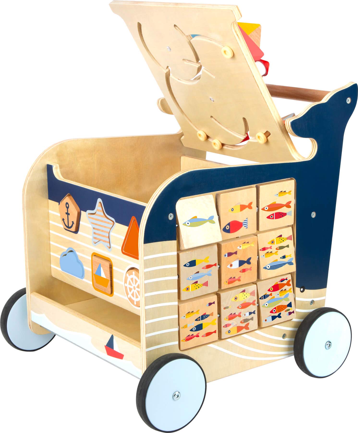 Wooden Whale Baby Walker by Small Foot – Classic 5-in-1 Activity Center - Interactive Toy with Shape Sorter, Puzzle Maze, Compass, Chalkboard - Develops Kids Coordination, Motor Skills –Age 12+ months