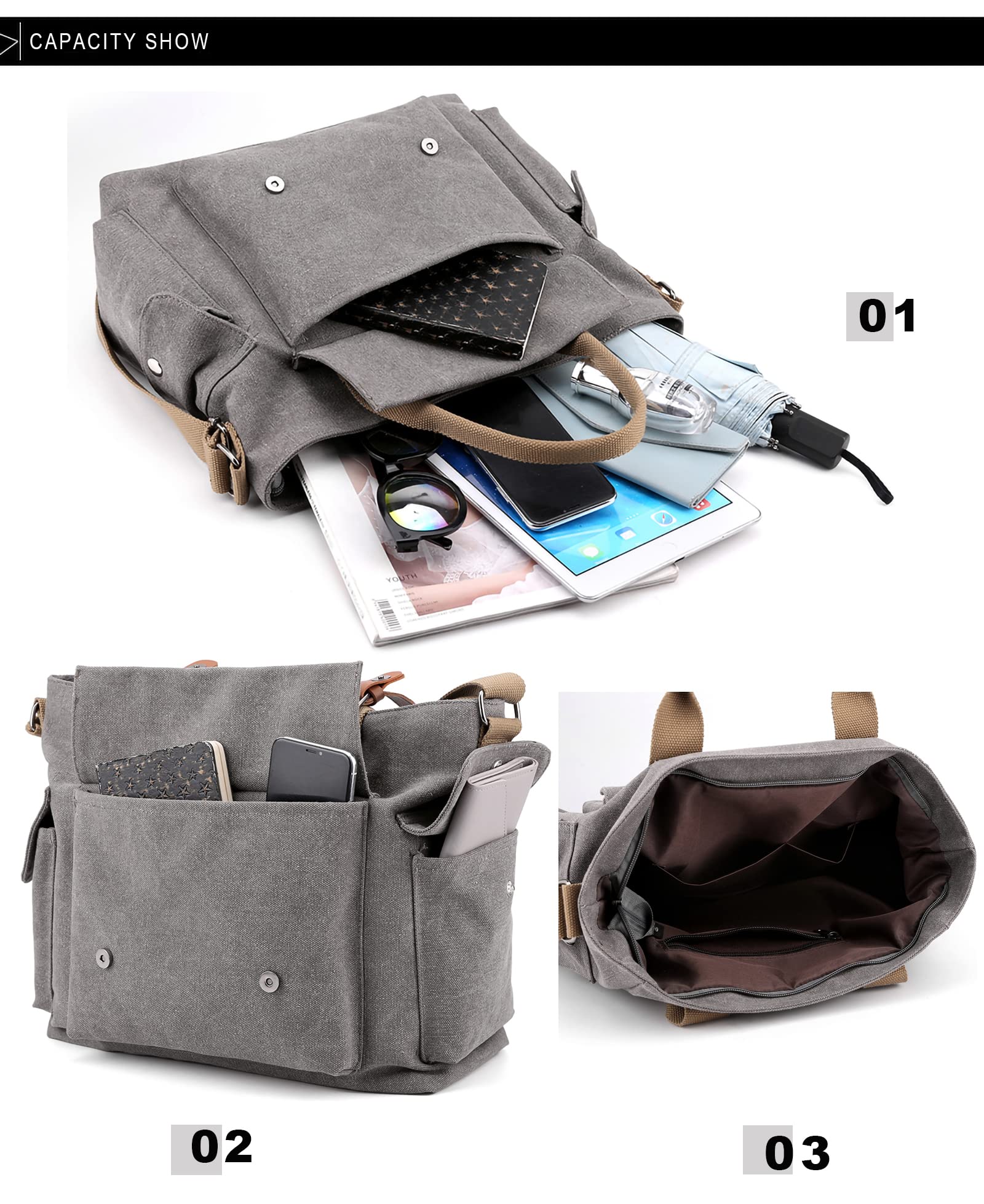 Eamom Canvas Handbags for Women Multi Pocket Crossbody Bags for Women Canvas Shoulder Bag (Khaki)