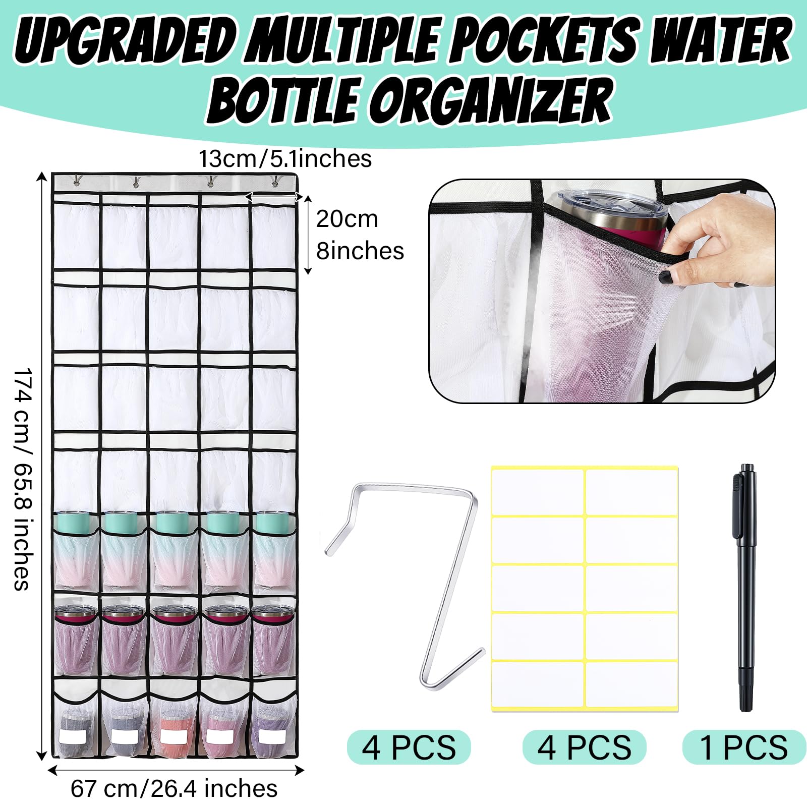 GliCraft 35 Pockets Over the Door Water Bottle Organizer Hanging Water Bottle Organizer with Elastic Strap Mesh Bag and Pen Water Bottle Holder for Door Closet Pantry Storage Rack(White)