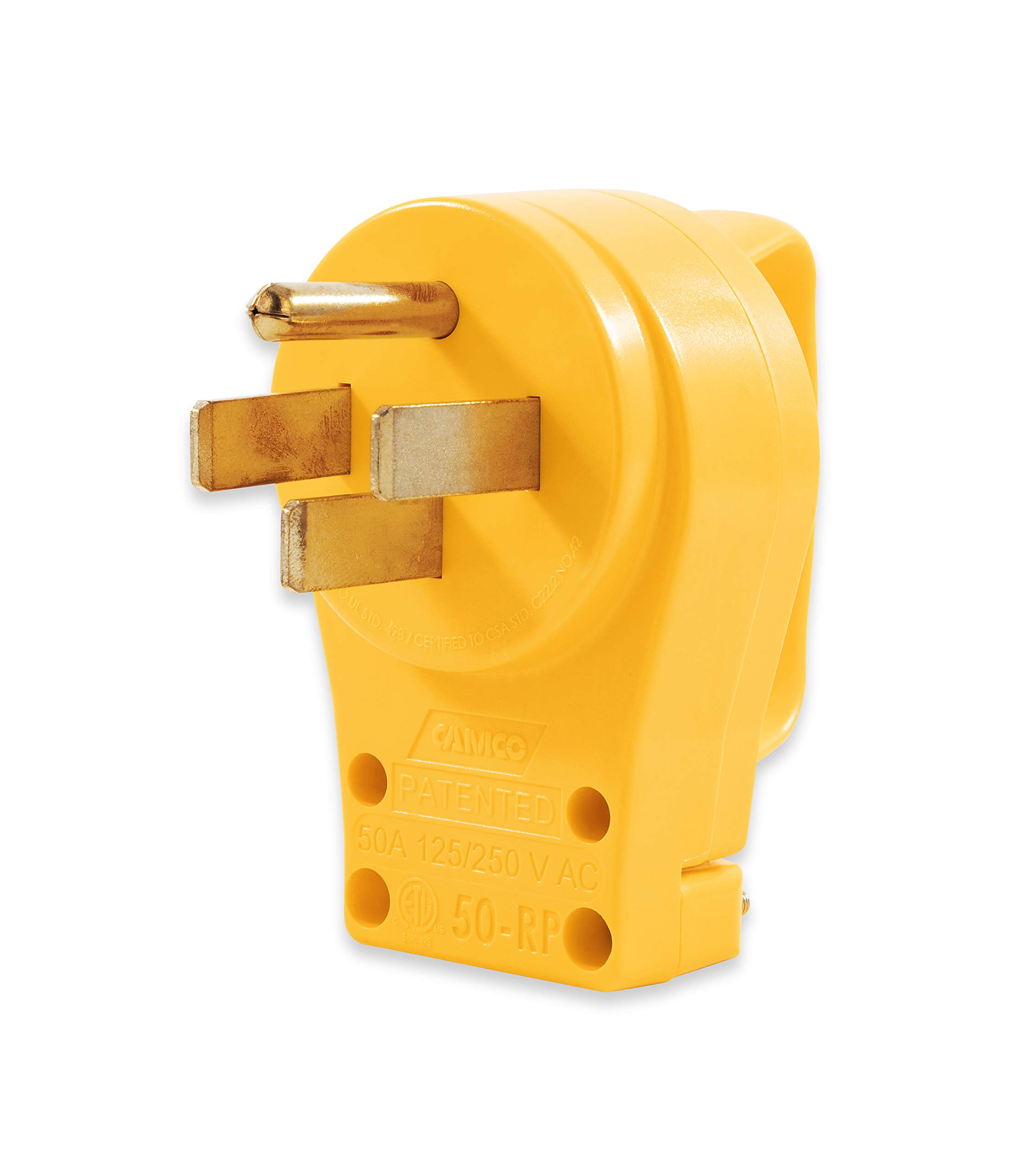 Camco Power Grip Camper / RV Replacement Plug - Attach 50 Amp Plug to Existing RV Extension Cord - Features 50 Amp RV Plug (NEMA 14-50P) & Ergonomic Designed Handle - Rated 125-250V/12,500W (55255)