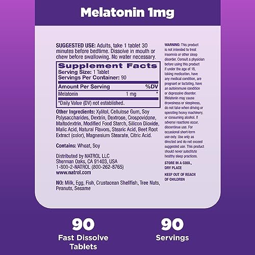 Natrol Melatonin 1mg, Strawberry-Flavored Dietary Supplement for Restful Sleep, 90 Fast-Dissolve Tablets, 90 Day Supply
