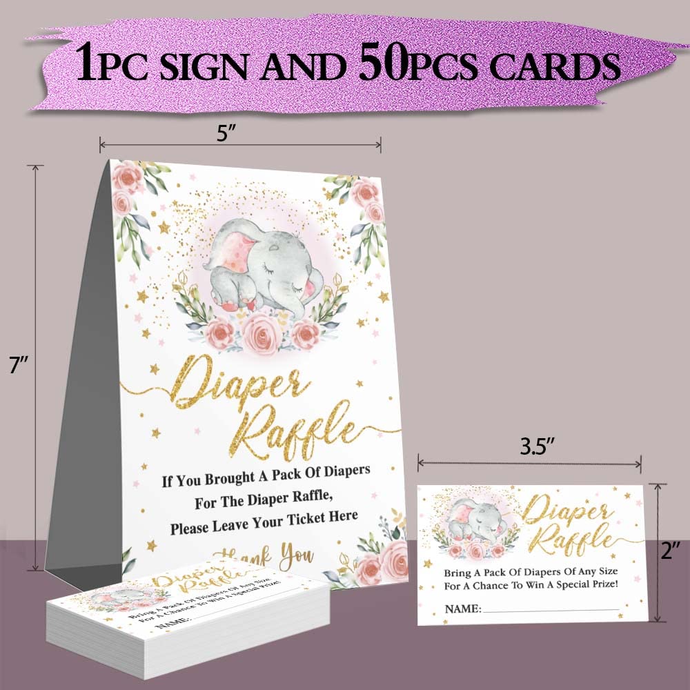 Elephant Diaper Raffle, Eucalyptus Diaper Raffle Baby Shower Game Kit，PINK Sleeping Elephant Raffle Insert Ticket, Gold Sign, Pink Flower Baby Shower Decorations(1 Standing Sign + 50 Guessing Cards)