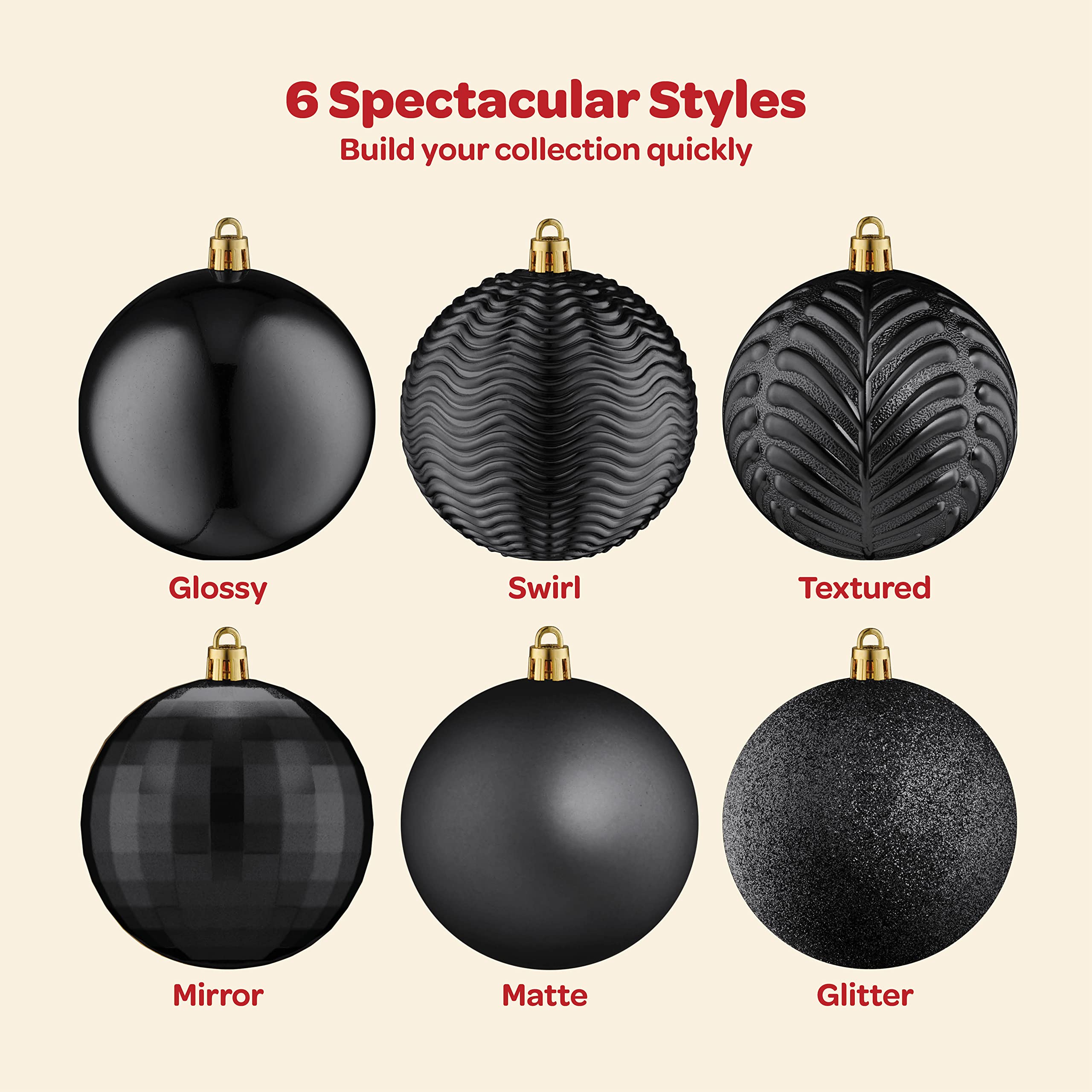 Christmas Ornaments Set of 36 - Beautiful [Black] Christmas Tree Decorations Ornaments Set - 6 Style Christmas Ball Ornaments - Shatterproof/Pre-Strung - for Holiday/Party/Decorations/DIY