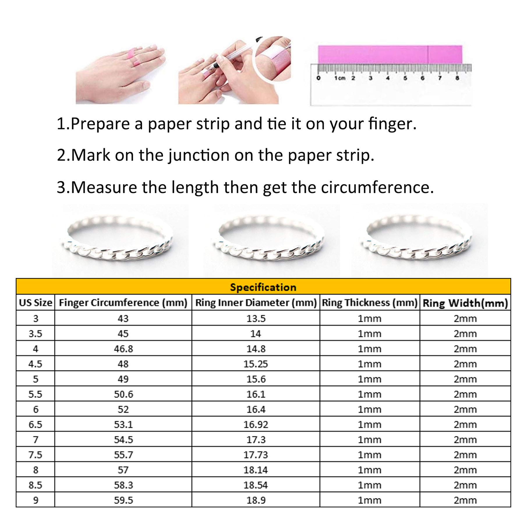 CANDYFANCY 2mm Thin Simple Cuban Chain Link Rings 925 Sterling Silver Filigree Cool Plain Minimalist Middle Finger Thumb Stacking Band Rings Size 2.5