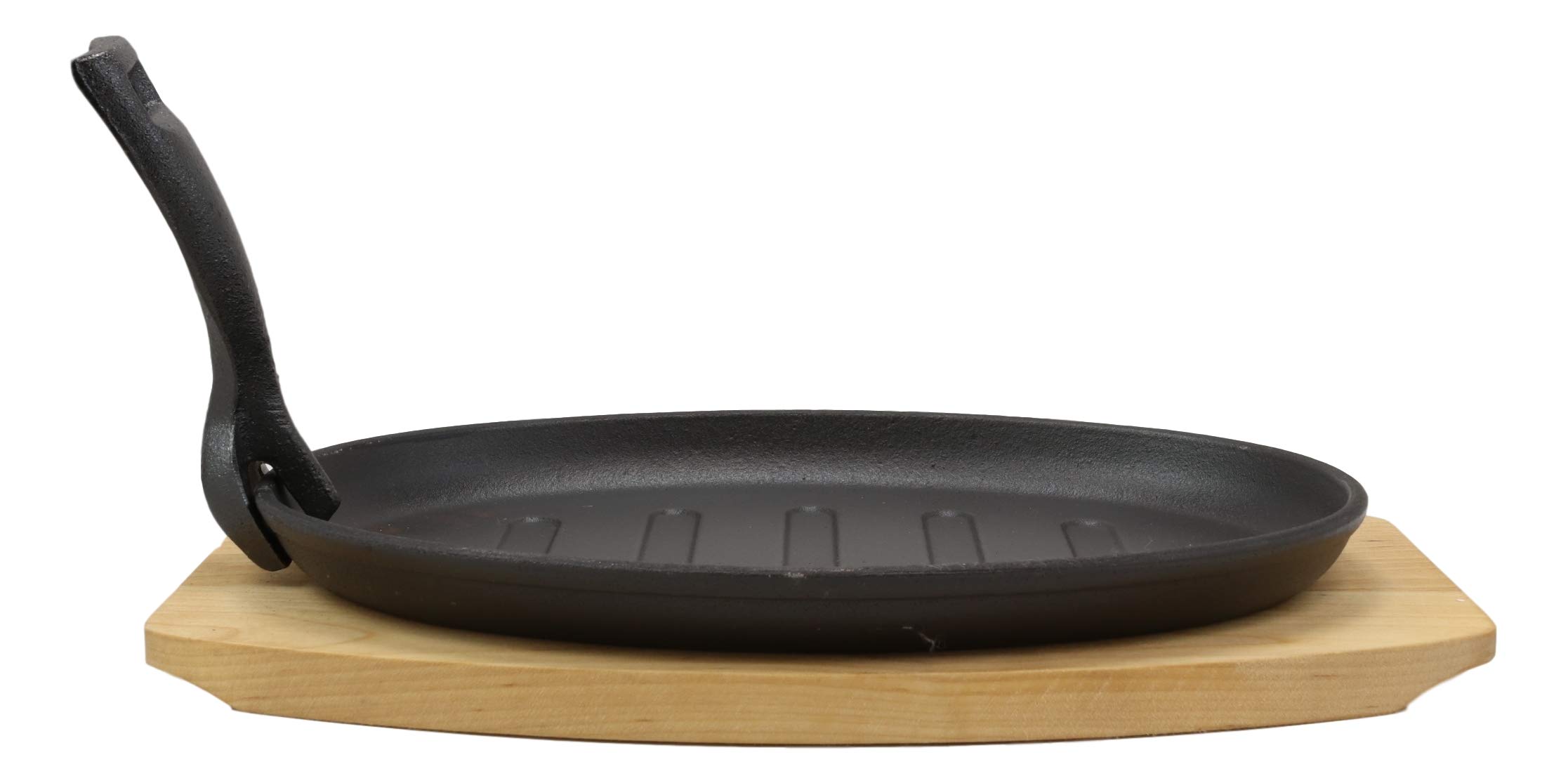 Ebros Personal Size 10.5" By 7" Enamel Coated Cast Iron Sizzling Fajita Skillet Ridged Japanese Steak Plate With Handle and Wood Base For Restaurant Home Kitchen Cooking Pan Grilling Meats Seafood