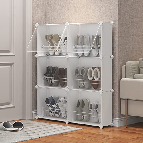 MAGINELS 6-Pair Shoe Rack Organizer with Cover, Slim Shoe Storage Cabinet,Behind Door, Narrow Shoe Shelf for Closet,entryway,White