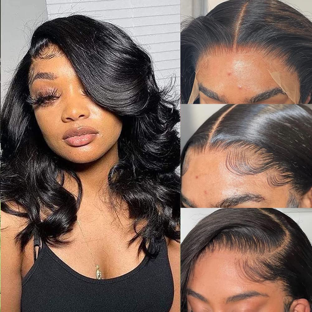 Caijuxing 13x4 Lace Front Wigs Human Hair Pre Plucked Glueless Wigs for Women Body Wave HD Lace Front Wig 180% Density Body Wave Bob Wig Human Hair Natural Color