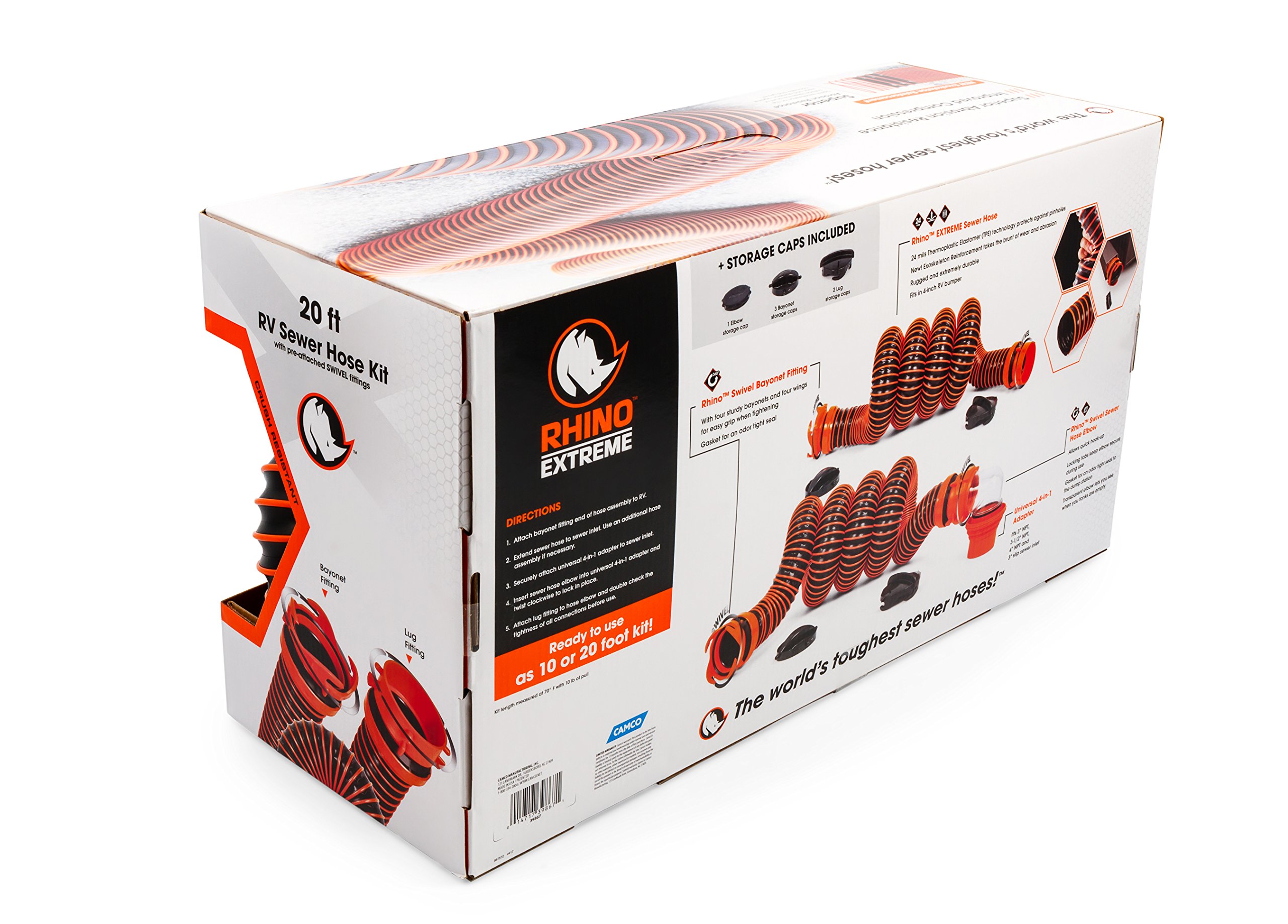 Camco RhinoEXTREME 20-Foot Camper/RV Sewer Hose Kit | Features TPE Technology for Abrasion Resistance and Crush Protection | Includes Pre-Attached Rhino Swivel Fittings (39867)