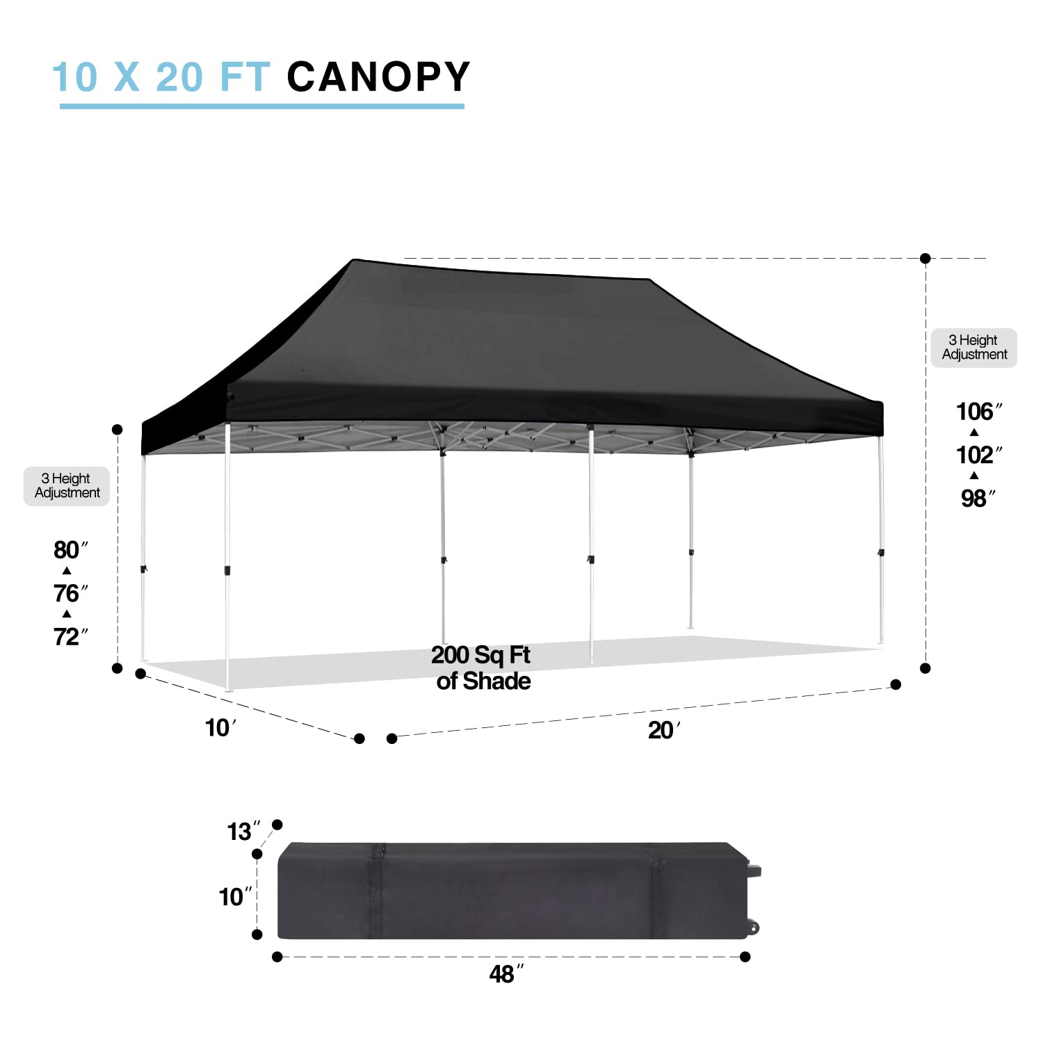 CAJECUS 10' x 20' Pop Up Canopy, Durable Easy Beach Canopy Tent, Waterproof Outdoor Canopy with 3 Adjustable Height, Roller Bag, 6 Sand Bags, 4 Ropes and 8 Stakes