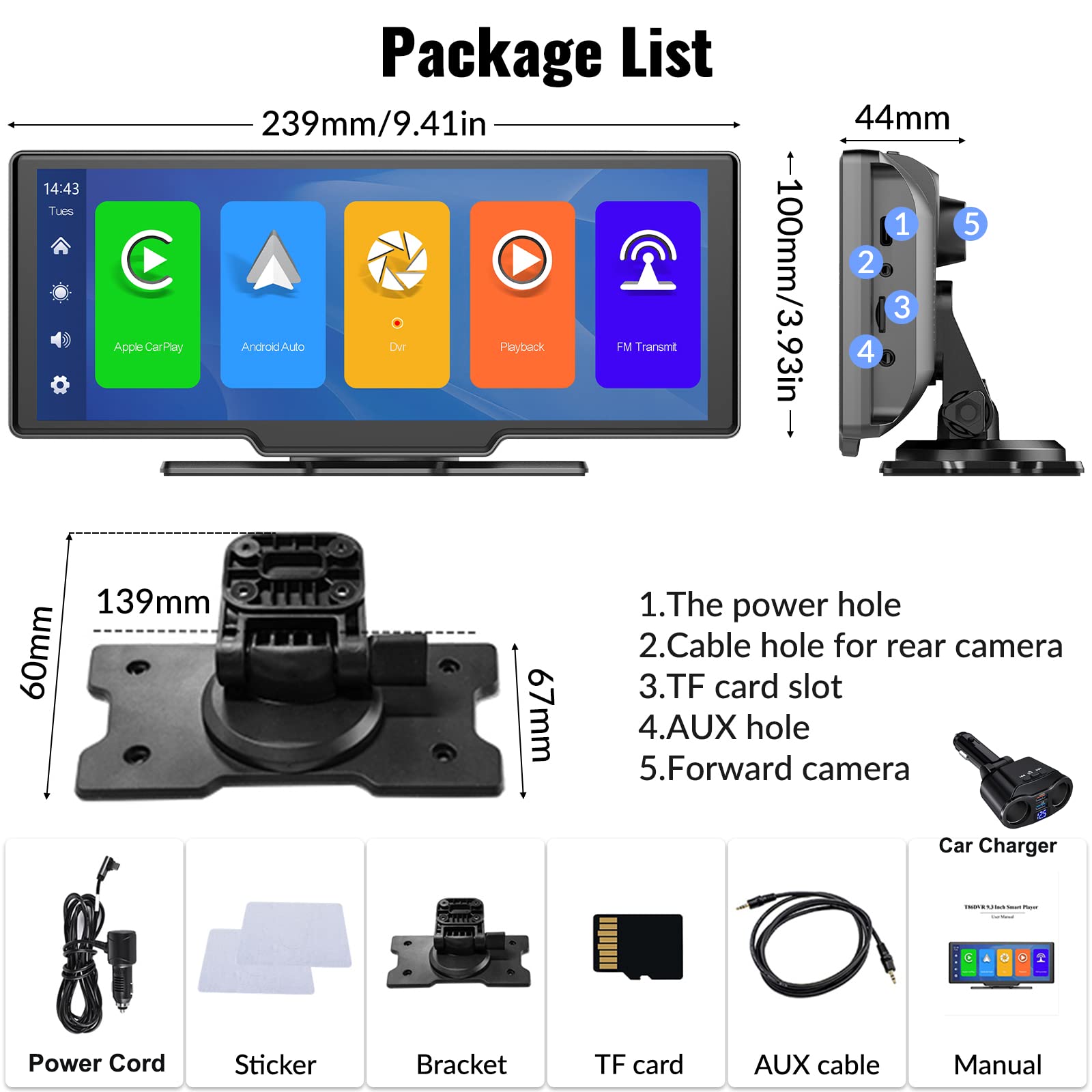CAMECHO Wireless Apple Carplay Portable Car Stereo Android Auto, 9.3” HD Touchscreen CarPlay Screen, Portable Car Radio Support Bluetooth GPS Voice Control FM Dual Camera + 64G TF Card Car Charger