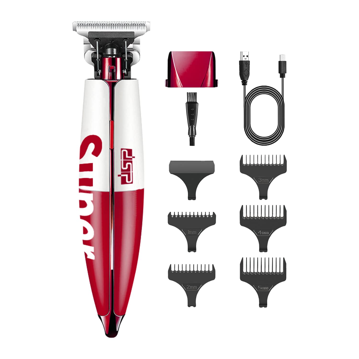 DSP® T Trimmer Hair Clippers for Men Cordless Electric Trimmers Beard and Mustache Trimmer Professional Rechargeable Hair Cutting Kit with 1-5mm Limit Combs (Red)