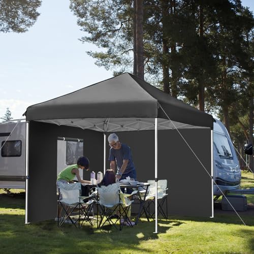 CAJECUS 10'x10' Pop Up Canopy Tent with 4 Sidewalls, Ez Pop Up Outdoor Canopy,Waterproof Commercial Tent with 3 Adjustable Height, Carry Bag,4 Sand Bags,4 Ropes and 8 Stakes(10FTx10FT,Black)