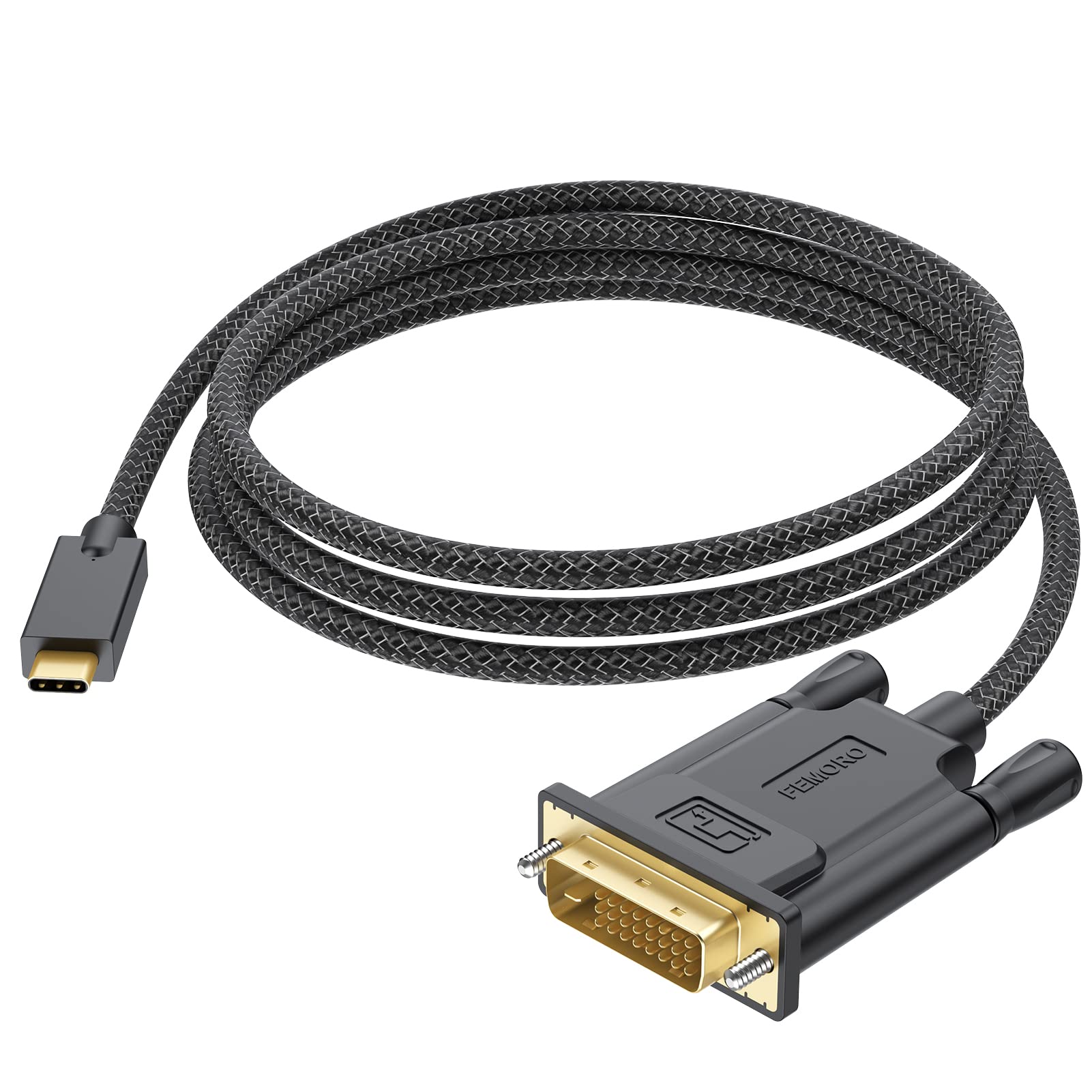 FEMORO USB C to DVI Cable 6 Feet, USB-C (Thunderbolt 3 Compatible) to DVI Cable Braided Compatible for MacBook Pro 2016-2022, Surface Book 2, Dell XPS 13/15, Galaxy