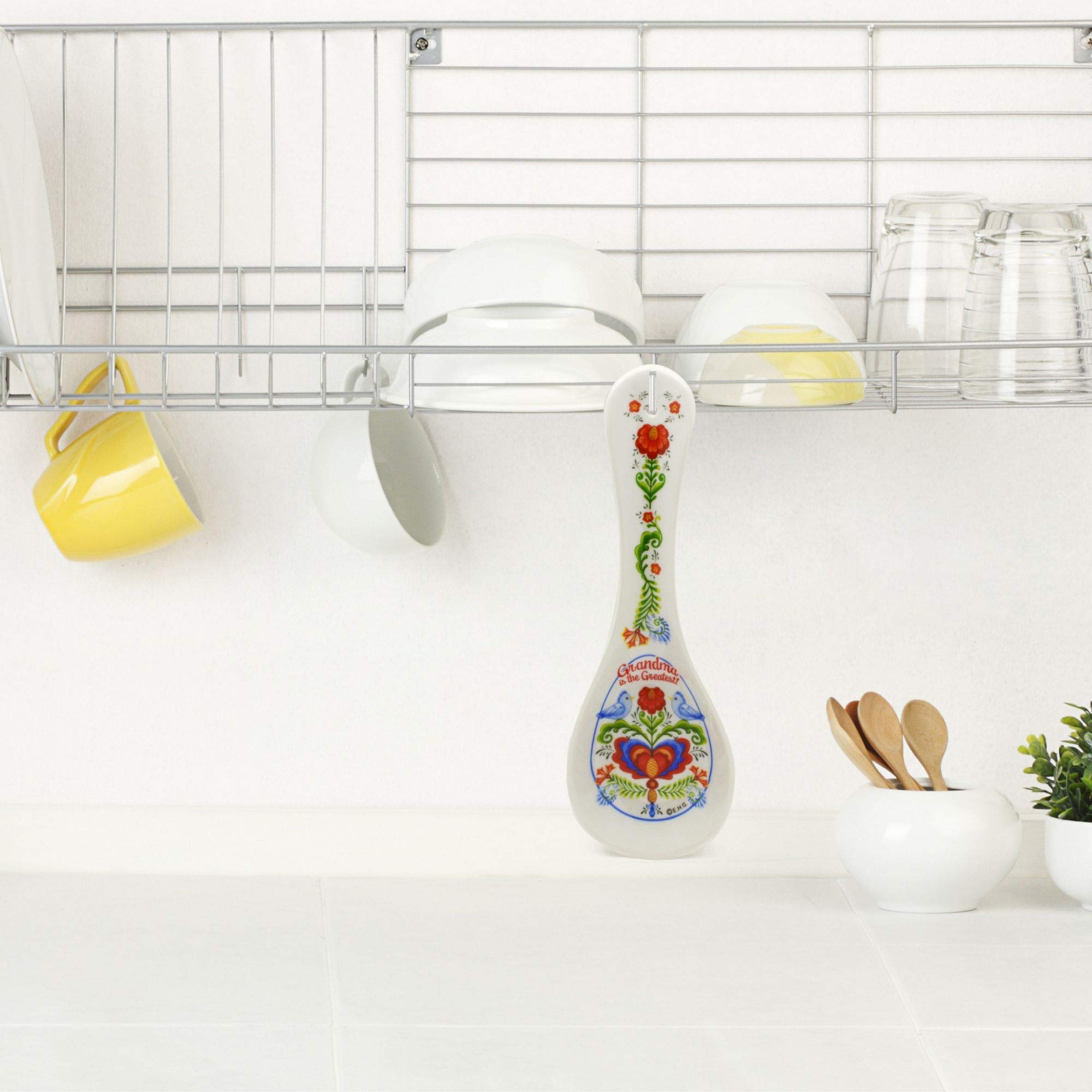 Decorative Ceramic Kitchen Spoon Rest by E.H.G | Birds Artwork "Grandma is the Greatest"