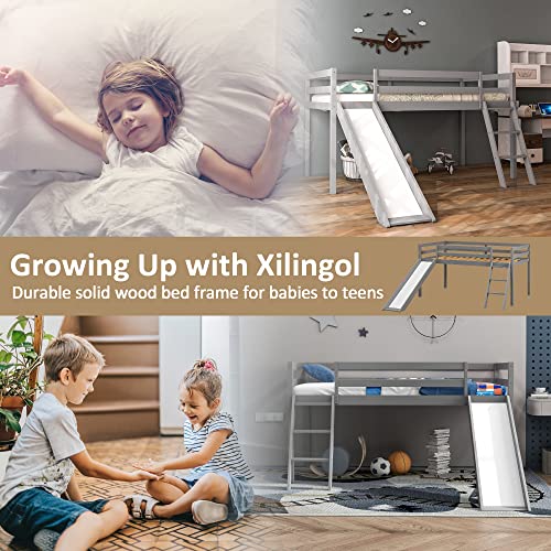 TOLEAD Loft Bed with Slide, Wood Twin Low Loft Bed with Climbing Ladder & Storage Space for Kids Toddler, Grey