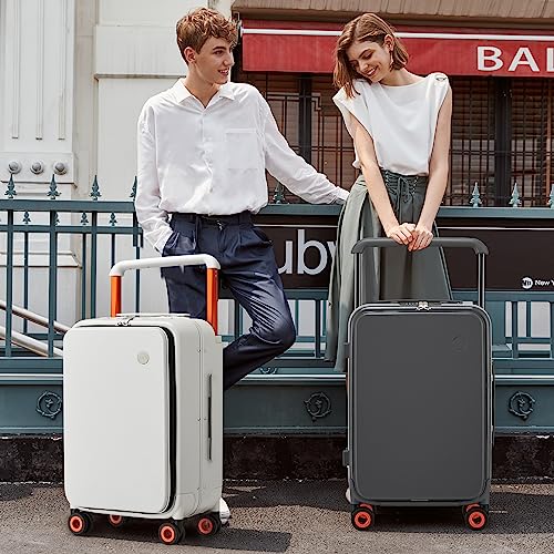 mixi Carry On Luggage Wide Handle Luxury Design Rolling Travel Suitcase PC Hardside with Aluminum Frame Hollow Spinner Wheels, with Cover, 20 inch, Smoke White