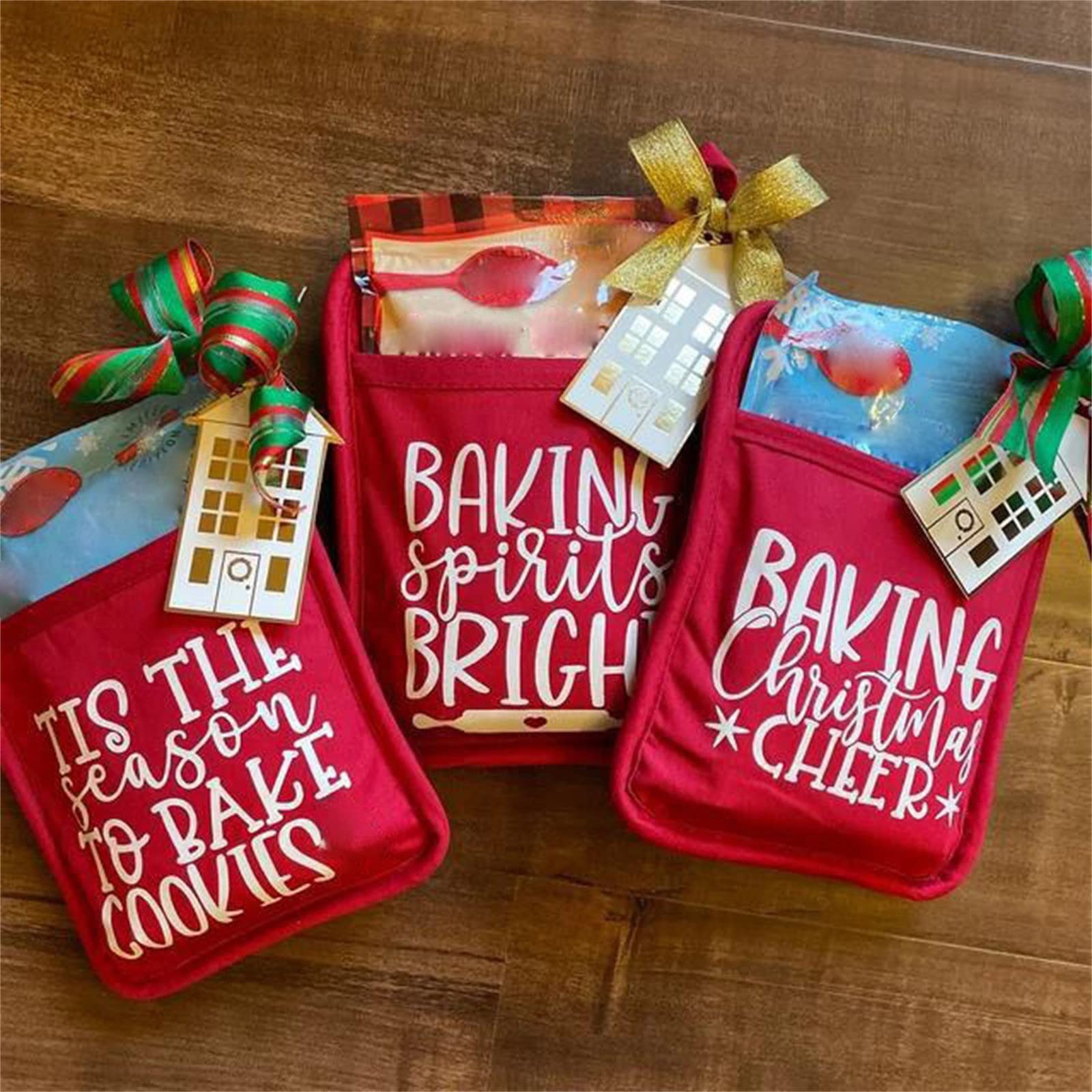 Christmas Pot Holders Baking Pocket, Christmas Oven Mitts Ornament for Kitchen Cooking Baking 1PC, Hello Christmas Print Pot Holders Storage Bag Gift for Family Neighbor