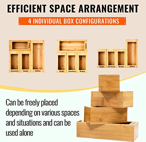 NC Ziplock bag storage organizer, 4 separate Baggie Organizer for Drawer,Bamboo Organizer Compatible with Gallon, Quart, Sandwich and Snack Variety Size Bag