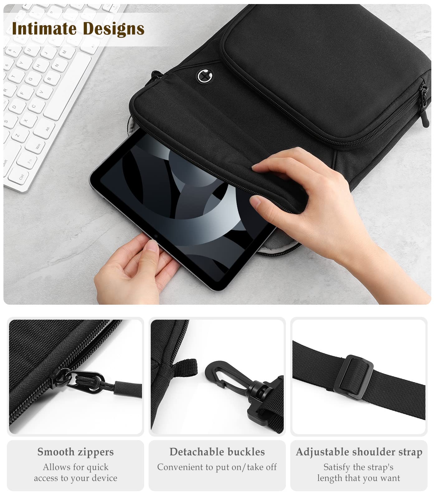 Dadanism 9-11" Tablet Sleeve Bag for iPad Air 5/4 10.9, iPad Air 11" 2024, iPad 9/8/7th 10.2, iPad 10th Gen 10.9, iPad Pro 11 M4 M2 2024-2018, Galaxy Tab A9+ S9 FE A8, with Shoulder Strap, Black