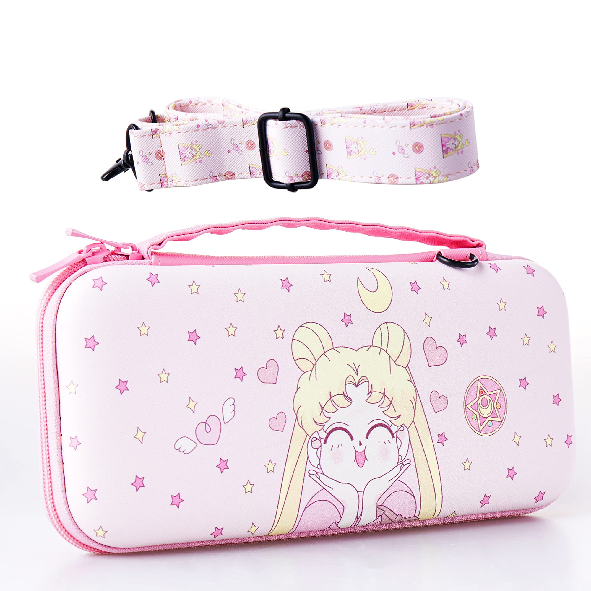 RHOTALL Case Compatible with Nintendo Switch & Switch OLED Carrying Case 2 in 1 Shoulder & Hand Strap, Protective Hard Portable Travel Carry Case Shell Pouch for Switch Accessories (Moon Pink)