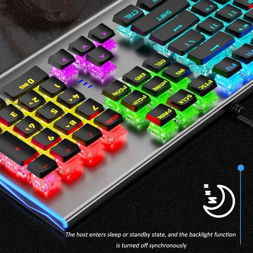 EYEARN Mechanical Gaming Keyboard, USB Wired Mechanical Keyboard, LED Rainbow Backlit Wired Keyboard, Suitable for Office, Games, Work, Family, Competitive Games (104 Keys) Responsive and Fast