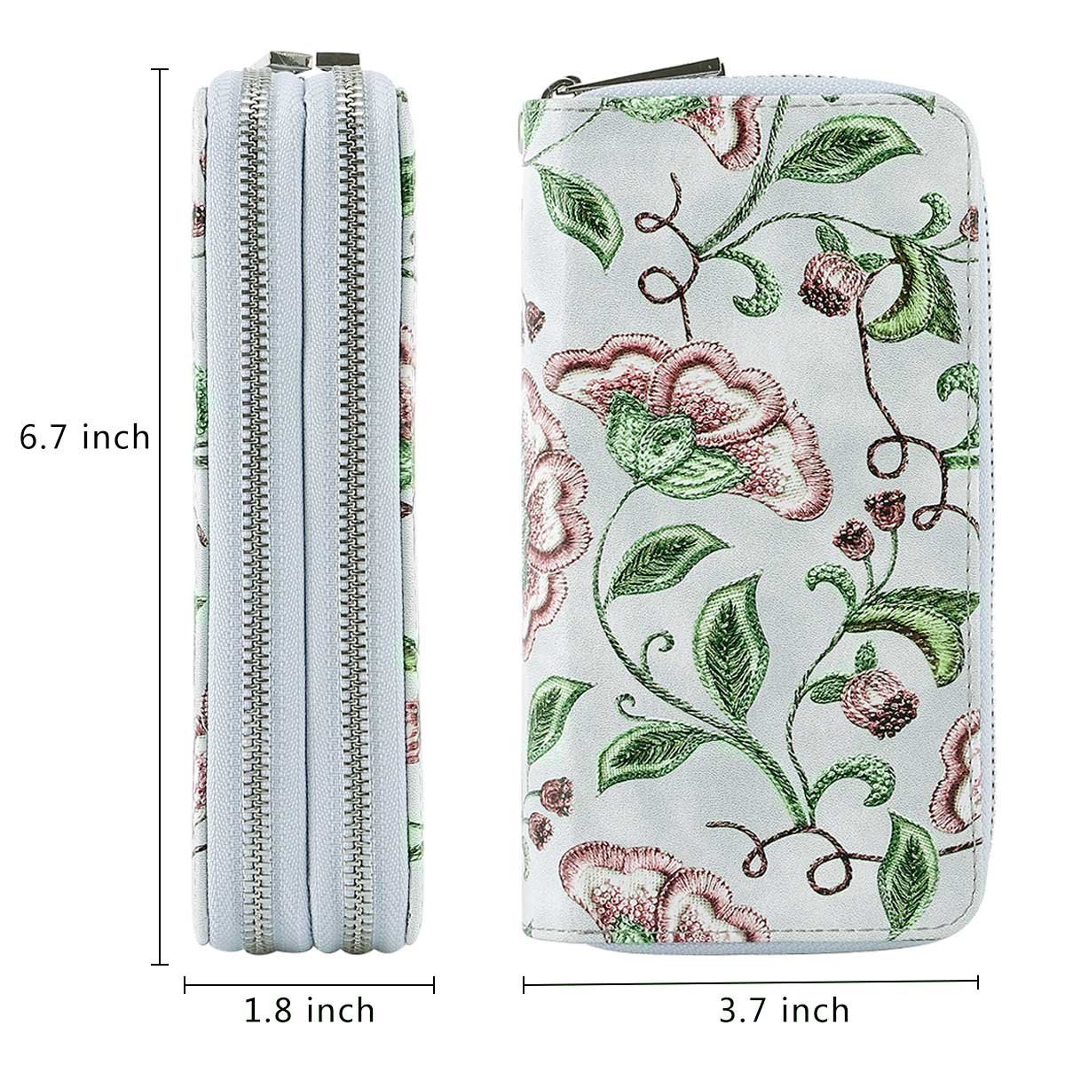 Women's Double Zipper Wallet Large with Removable Wristlet Clutch Cellphone Bag with Wristlet and ID Window(Blue morning glory)
