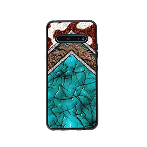 pambea limber Compatible with LG V60 ThinQ 5G Case, Western Cowhide Turquoise and Brown Animal Print Graphic Design for LG Case Men Women,Soft Silicone Trendy Case for LG