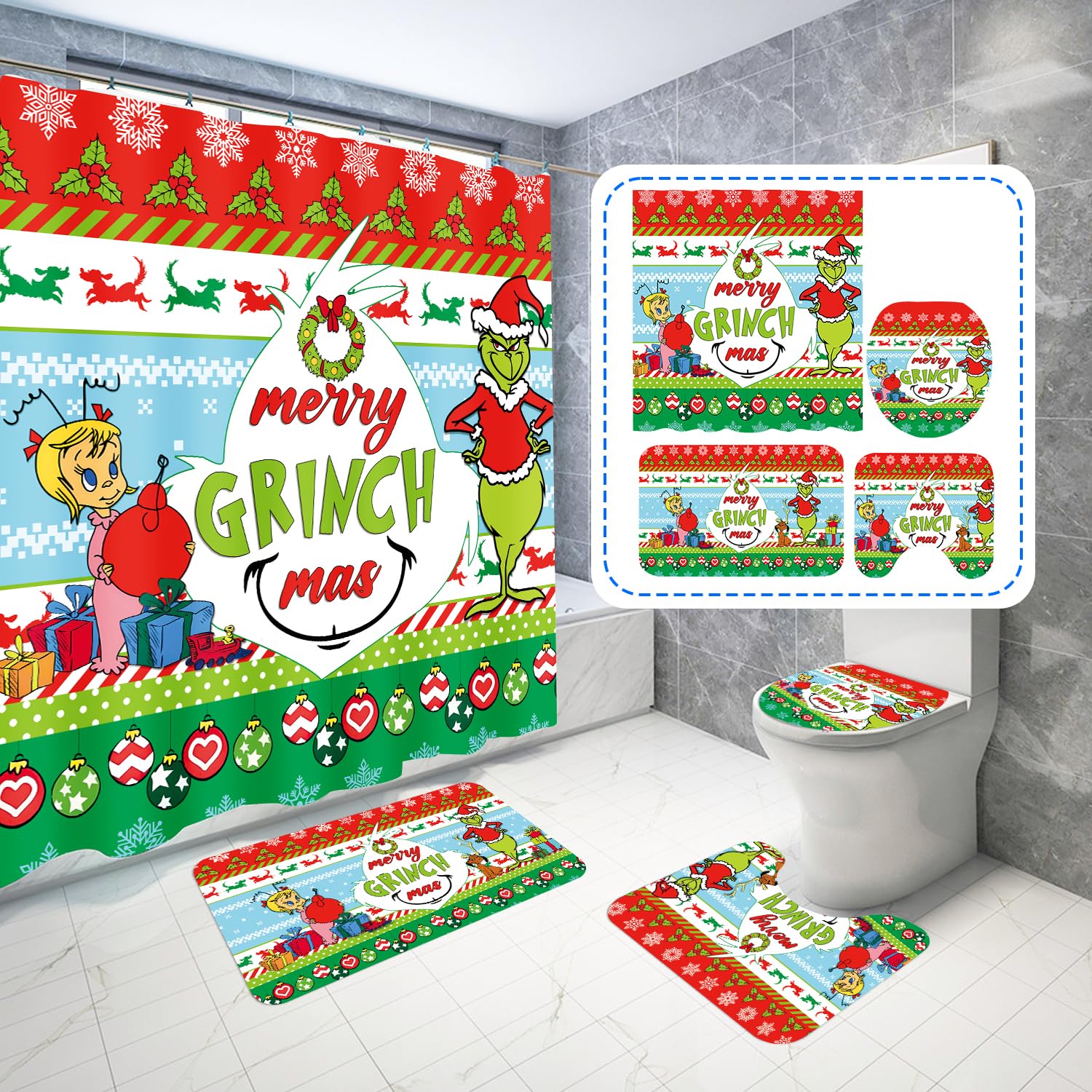 Christmas Shower Curtain Set, 4 Piece Christmas Bathroom Sets with Garden Sculpture Outdoor Decoration