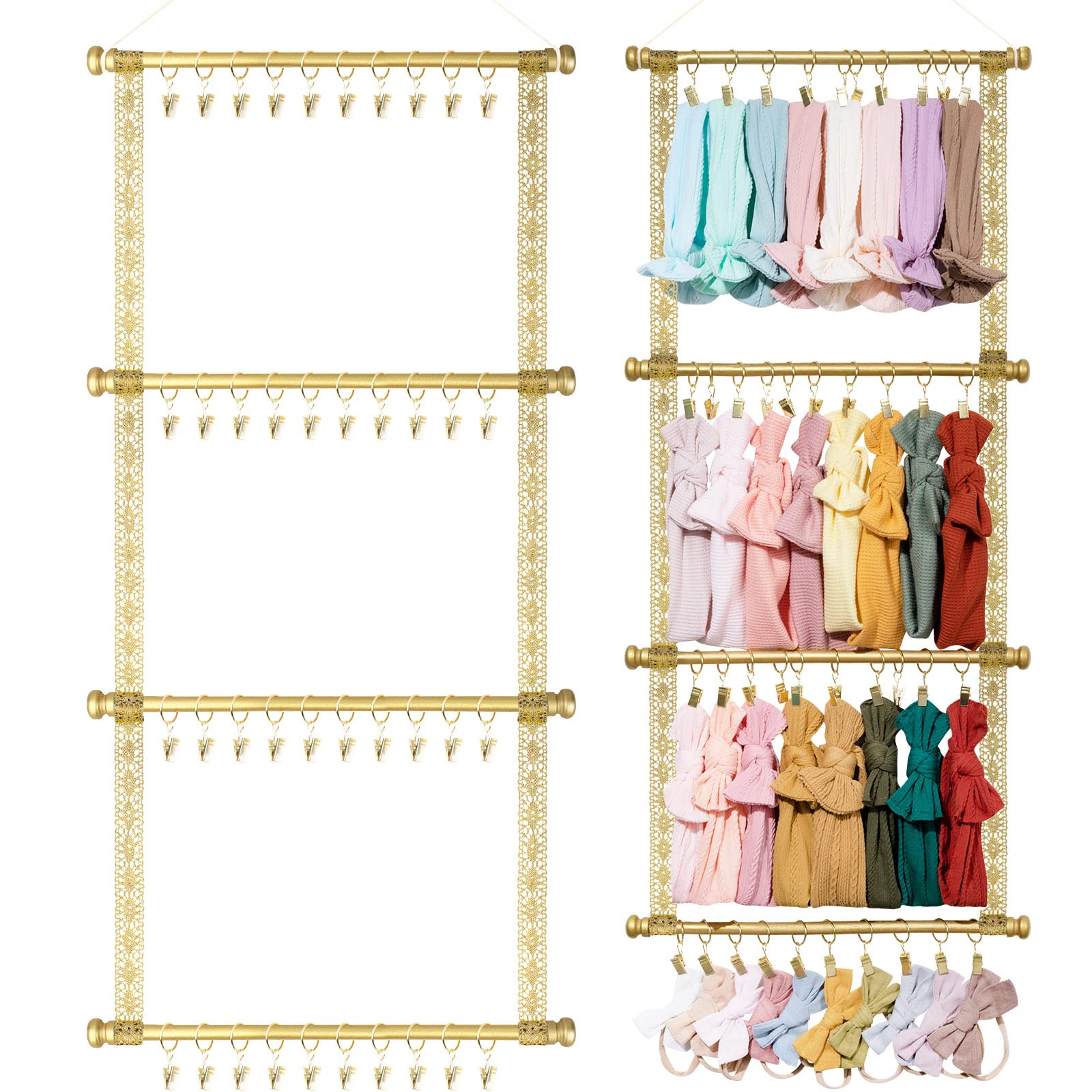 CN Headband Organizer Holder for Baby Girls, Bow Holder for Girls Hair bows,Hair Accessories Hanger Boho Ribbon Storage with 40 Gold Clips for Nursery Hanging Room Decor For Wall (Gold)