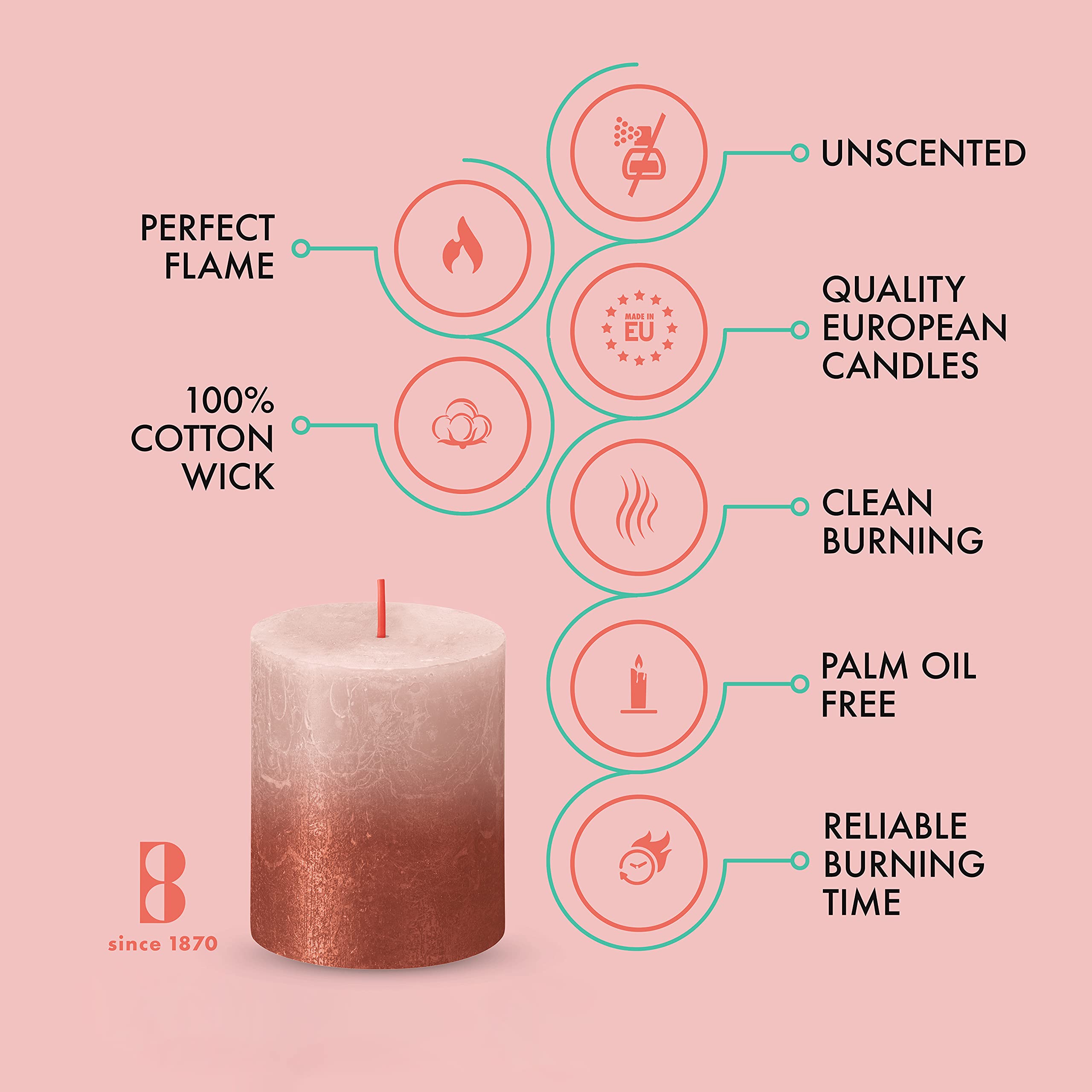 BOLSIUS 4 Pack Misty Pink/Amber Sunset Rustic Metallic Pillar Candles - 2.75 X 3.25 Inches - Fine European Quality - includes Natural Plant-Based Wax - Unscented Dripless Smokeless 35 Hour Candles