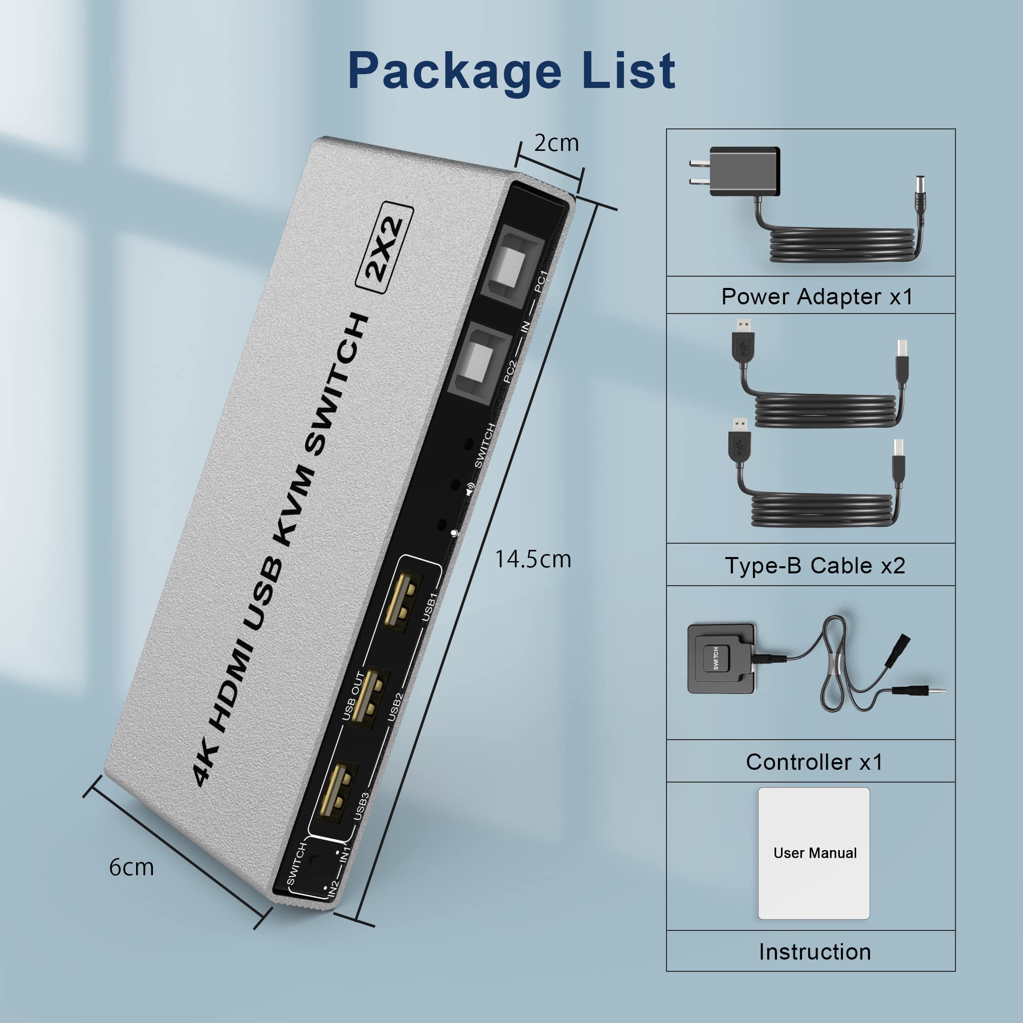 Dual Monitor KVM Switch HDMI 2 Port, 4K@60Hz Extended Display 2 Monitors 2 Computers KVM Switch with 3 USB Ports and Audio Microphone Output, PC Monitor Keyboard Mouse Printer Switcher