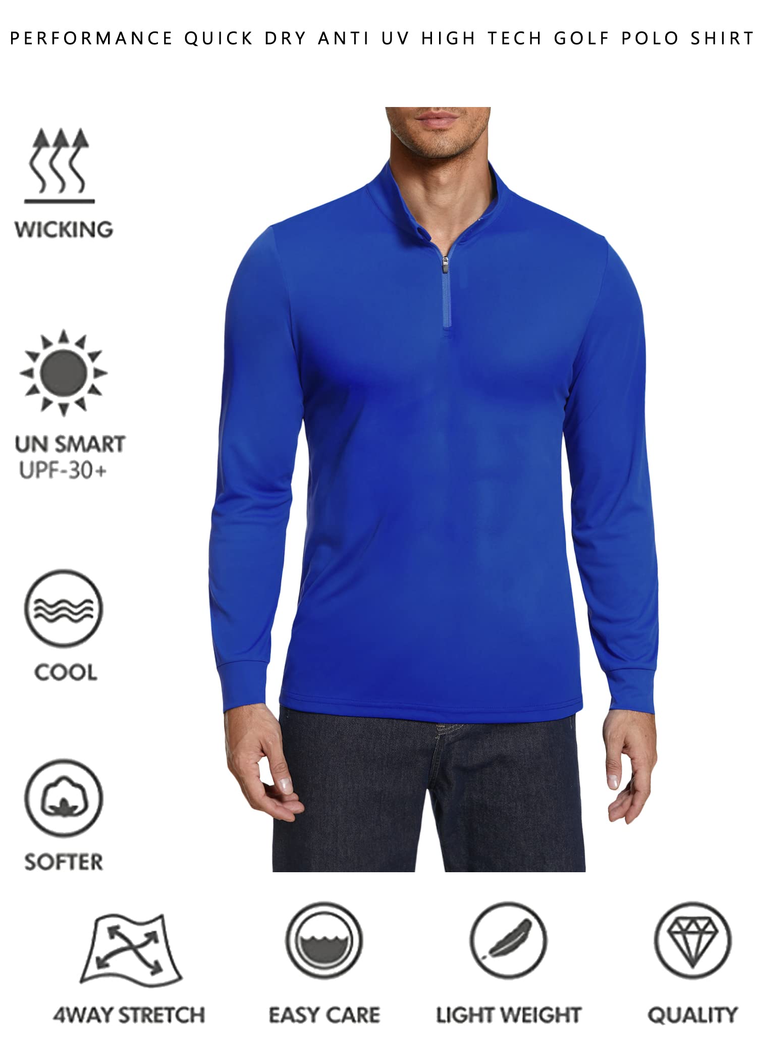 COOrun Men's Golf Shirts Long Sleeve Shirts Sports Polo Shirts Athletic Jersey Shirts 1/4-Zip Pullover Blue L