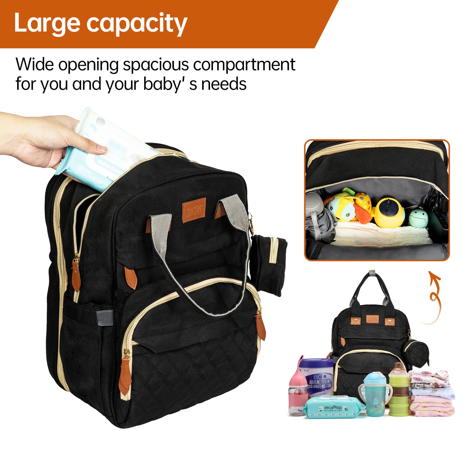 DAILY&DIARY Diaper Bag Backpack, Baby Bag Multifunction Waterproof Nappy Bag with Stroller Straps, USB Charging Port Unisex for Newborn Boys Girls, Black