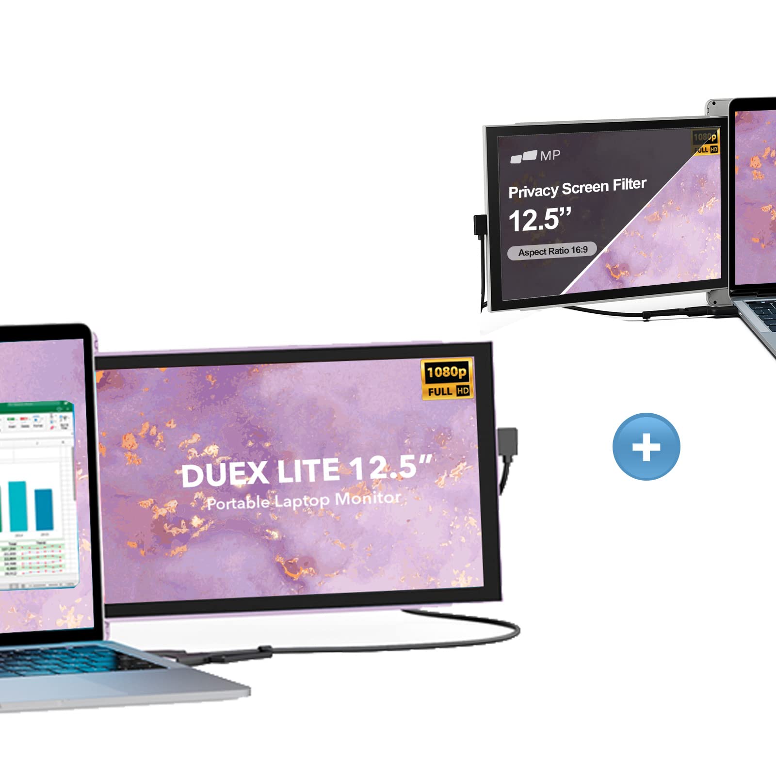 Duex Lite Portable Monitor with Privacy Screen, Mobile Pixels 12.5" Full HD IPS Screen Extender, USB C/HDMI Powered Plug and Play, (1*Misty Lilac Lite and 1* Privacy Screen)