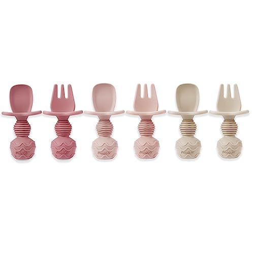 PandaEar 6 Pack Silicone Baby Spoons and Fork Feeding Set- Anti-Choke First Self Feeding Utensils for Baby Led Weaning Ages 3 Months -Pink