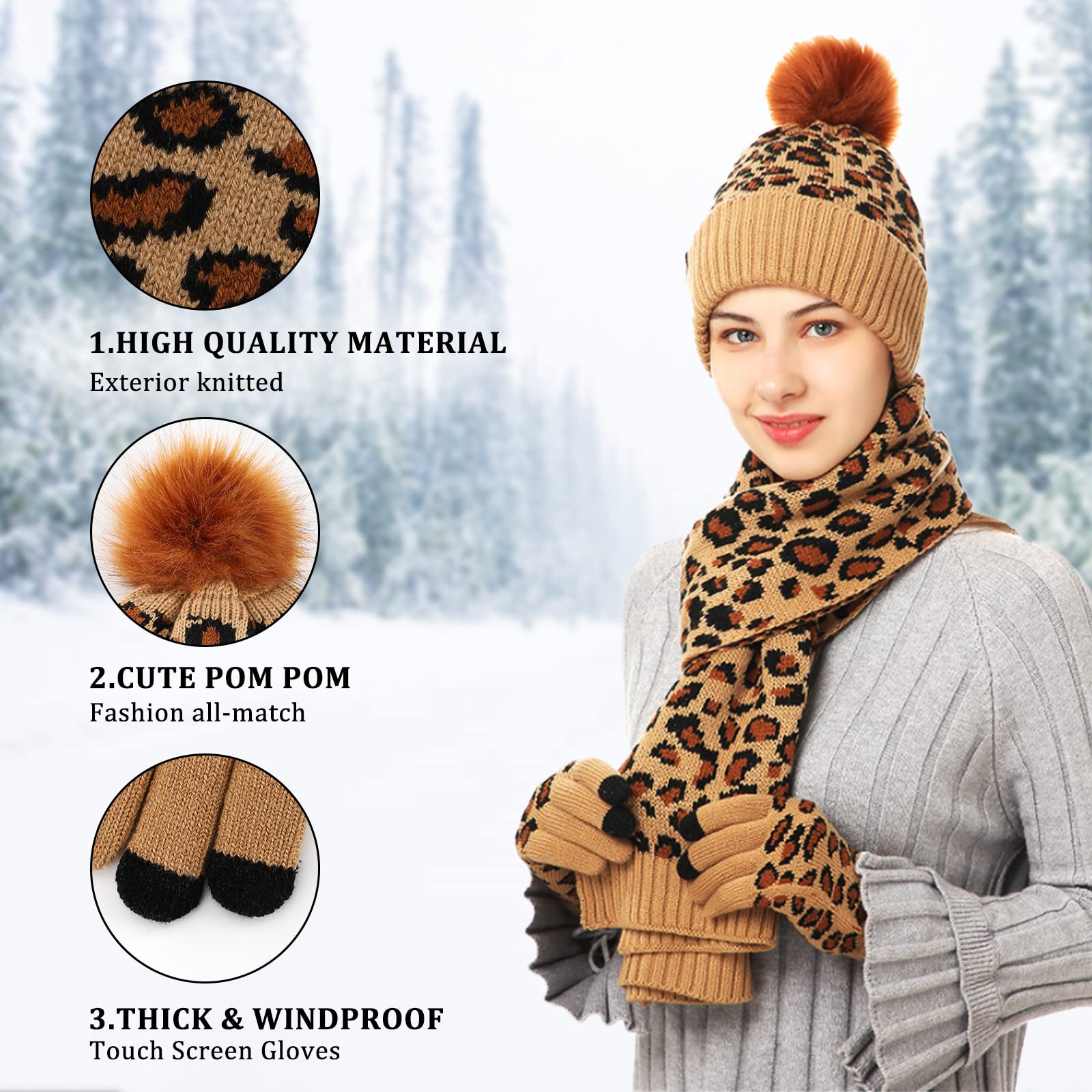 CNCHUROU Winter 3 in 1 Scarf Hat Glove Set for Women Beanie Hat Long Scarf Touch Screen Gloves Leopard Knitted with Pom