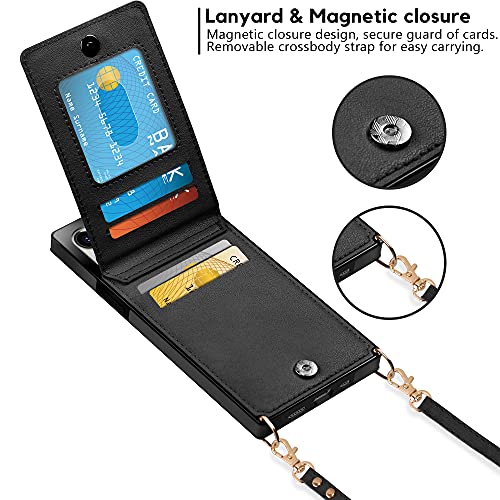 Vofolen Compatible with iPhone 13 Wallet Case with Credit Card Holder Lanyard Crossbody Strap Leather Magnetic Clasp Kickstand Heavy Duty Protective Square Flip Cover for iPhone 13 6.1 Black