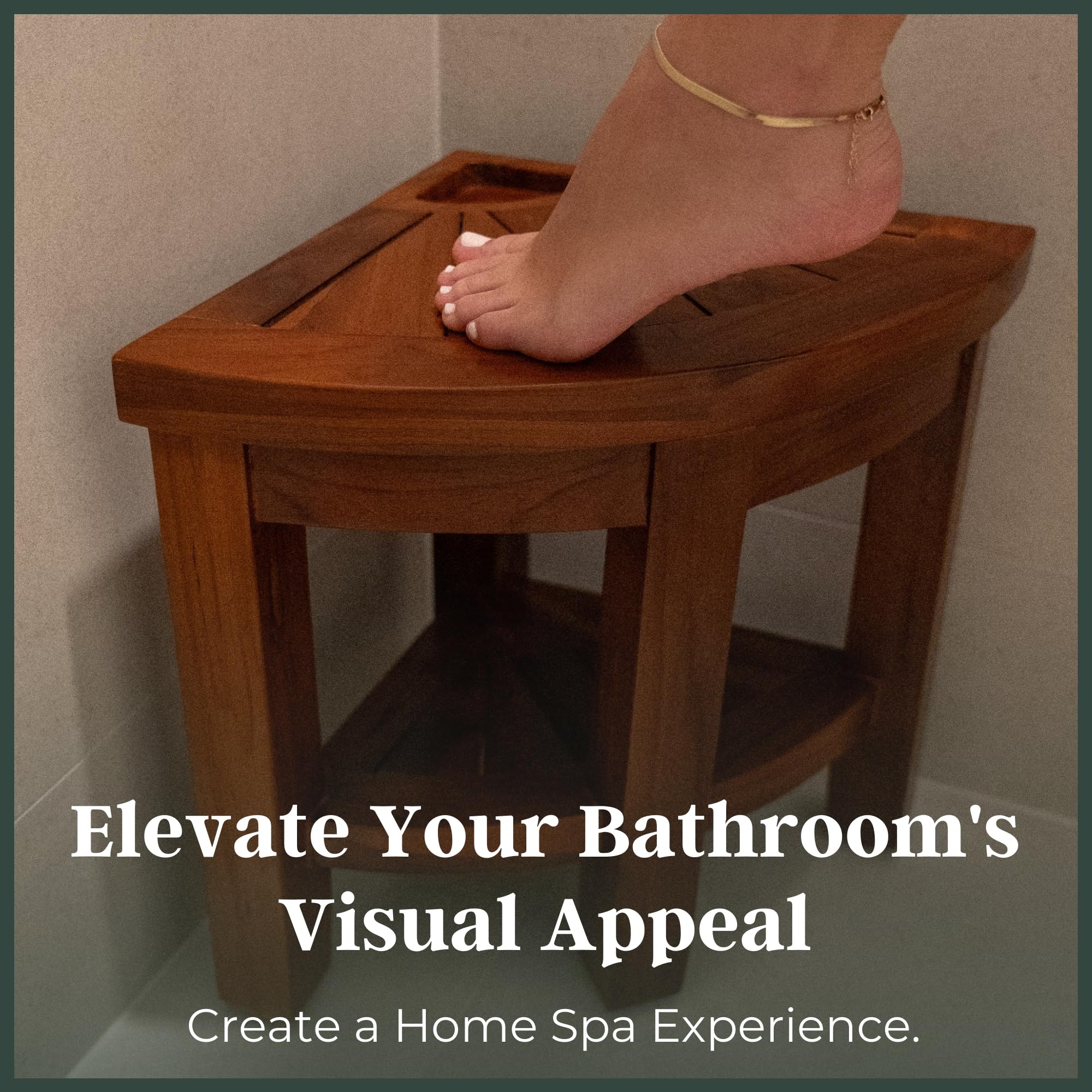 Teak Corner Shower Bench - Fully Assembled 14 inch Corner Teak Shower Bench | Waterproof Shower Stool for Shaving Legs | Non-Slip Multi-Purpose Corner Shower Stool for Bathroom, Patio, Living Room