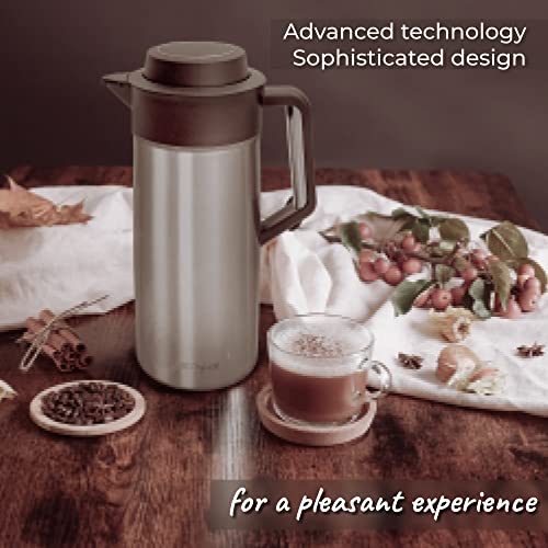 Pykal Thermal Coffee Carafe - with ThermaClick Lid, 68 oz Capacity, Lab Tested 8 Hour 150F Heat Retention, Surgical Rust Resistant Stainless Steel, Long Handle Brush Included Inside