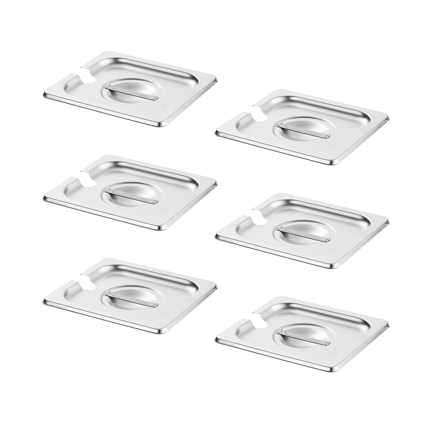 HECMAC 6-Pack 1/6 Size Notched Hotel Pan Cover,Stainless Steel Solid Steam Table Catering Food Pan Lid with Handle